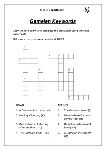 KS3 Music - Gamelan Keywords Crossword (differentiated for lower sets ...