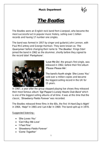 KS3 Music Cover Resource - The Beatles (differentiated for lower sets ...