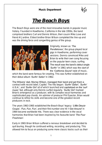 KS3 Music Cover Resource - Beach Boys | Teaching Resources