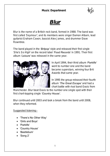 KS3 Music Cover Resource - Blur (differentiated for lower sets ...