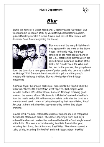 KS3 Music Cover Resource - Blur | Teaching Resources