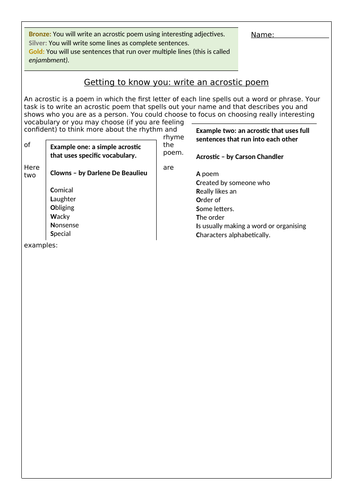 Start of year activity: acrostic poem about yourself | Teaching Resources