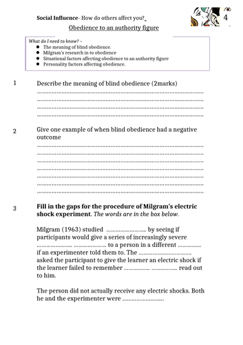 GCSE Psychology Edexcel- Social influence (Obedience to an authority ...
