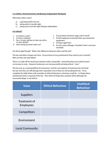 GCSE 9-1 Business 2.1.4 Ethics, the environment and business | Teaching ...
