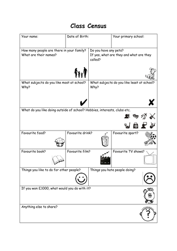 Transition Activity - Class Census | Teaching Resources