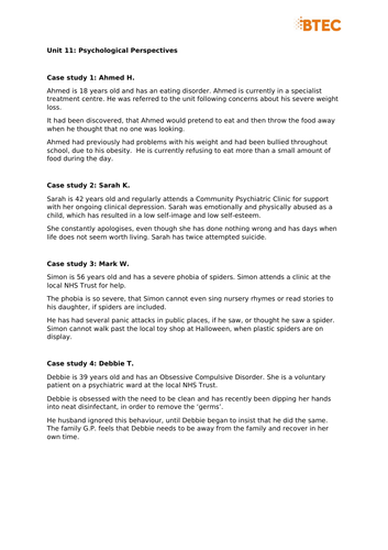 BTEC Level 3 Health and Social Care Unit 11 Psychological Perspective ...