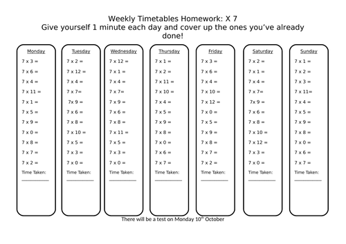 Times Tables - One minute a day multiplciation facts homework ...