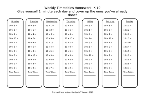 Times Tables - One minute a day multiplciation facts homework ...