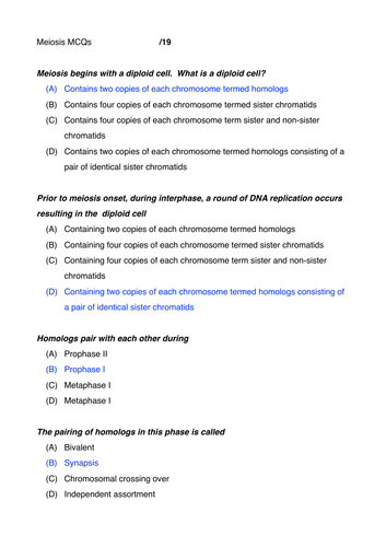 Meiosis MCQs MAQs | Teaching Resources