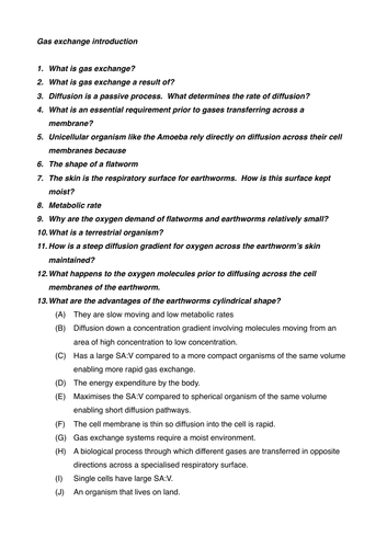 Gas exchange introductory principles matching exercise | Teaching Resources