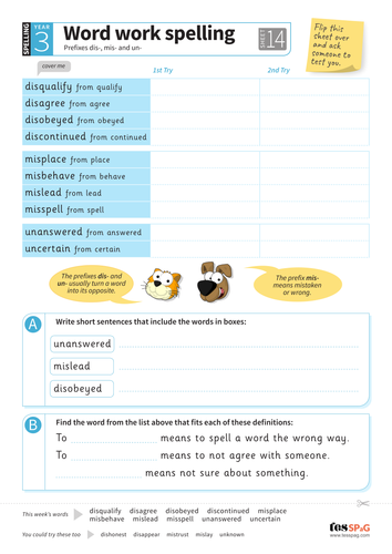 Prefixes dis-, mis- and un- - Spelling Worksheet - Year 3 Spag ...