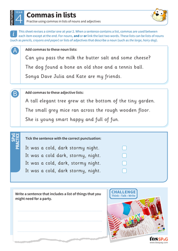 Using commas in lists worksheet - Year 4 Spag | Teaching Resources