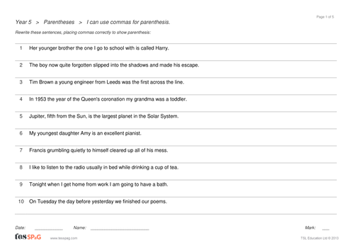 Parenthesis Question Sheets - Year 5 Spag | Teaching Resources