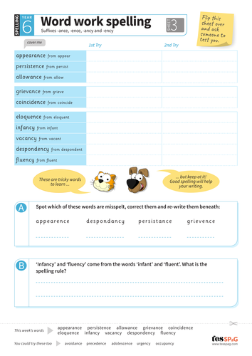 Suffixes -ance, -ence, -ancy, -ency - Spelling Worksheet - Year 6 Spag ...