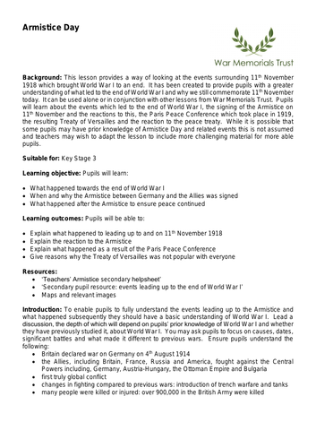 Armistice - secondary lesson plan | Teaching Resources