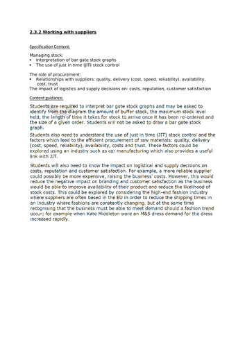 GCSE 9-1 Business 2.3.2 Working with suppliers | Teaching Resources