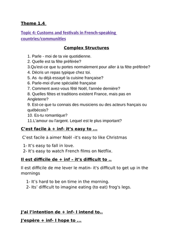 GCSE French Theme 1 Topic 4 Complex Structures | Teaching Resources
