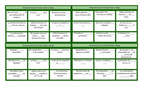 Time Prepositions Spanish Tic-Tac-Toe or Bingo Game | Teaching Resources