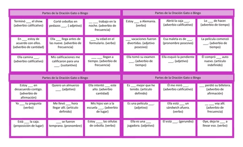 Parts of Speech Spanish Tic-Tac-Toe or Bingo Game | Teaching Resources