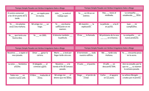 Past Simple Tense with Irregular Verbs Spanish Tic-Tac-Toe or Bingo ...