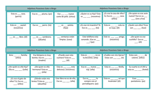 Possessive Adjectives Spanish Tic-Tac-Toe or Bingo Game | Teaching ...