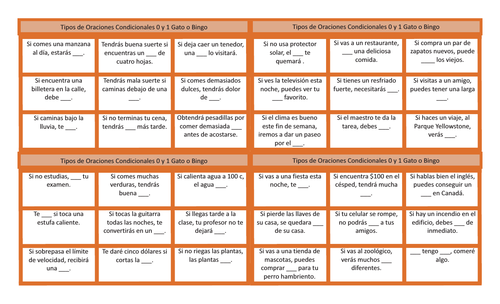 Conditional Sentences Types 0 & 1 Spanish Tic-Tac-Toe or Bingo Game ...