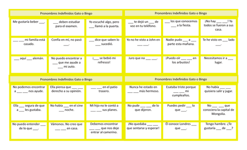 Indefinite Pronouns Spanish Tic-Tac-Toe or Bingo Game | Teaching Resources