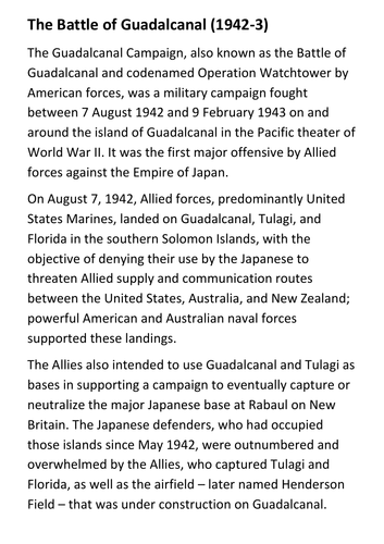 The Battle of Guadalcanal (1942-3) Handout | Teaching Resources