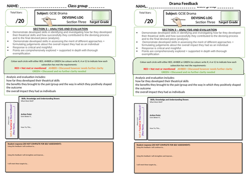AQA Drama -6 Feedback Sheets - Devising Drama | Teaching Resources