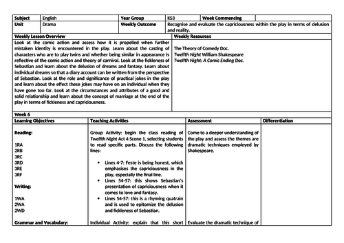 Twelfth Night - 6 Week Plan | Teaching Resources
