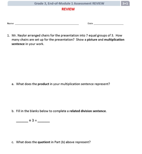 Grade 3, Math Module 1 REVIEW & ASSESSMENT w/Ans keys (printables ...
