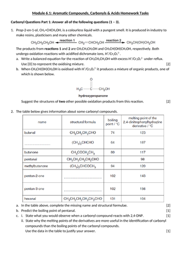Aromatic Compounds, Carbonyls & Acids Homeworks | Teaching Resources