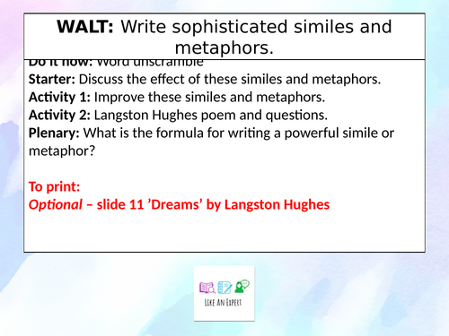 Figurative language - writing powerful similes and metaphors | Teaching ...