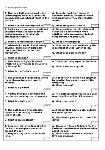 Y7 Earth (& space) - Revision pack 2020 - Based on AQA KS3 Science ...