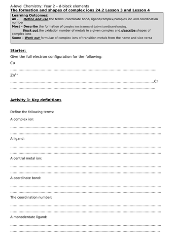 Formation and shape of complex ions – Student workbook and teacher PP ...