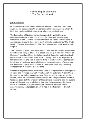 The Duchess of Malfi - INTRODUCTORY A LEVEL LITERATURE SCHEME OF WORK ...