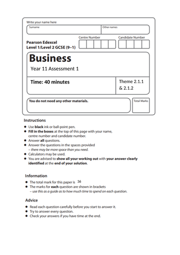 9-1 GCSE Business Edexcel Assessment 1 Theme 2 (2.1.1 & 2.2.1) MCQ and ...
