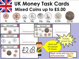 UK Money Task Cards - Adding up Mixed Coins to value £5 - Recording ...