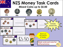 New Zealand Money Task Cards- Add up Mixed Coins to Value $5, Recording ...
