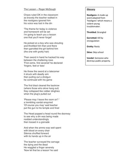 Poetry analysis for beginners - The Lesson by Roger McGough | Teaching ...