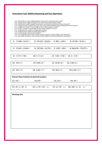 Year 6 arithmetic: Four Operations Assessment Task | Teaching Resources