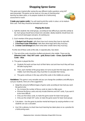 Shopping Spree Game - Finding Fractions and Percentages of amounts ...