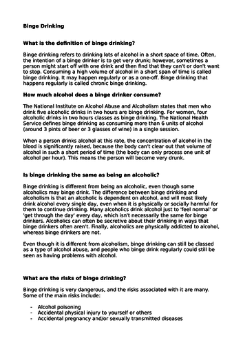 Alcohol - Binge Drinking PSHE | Teaching Resources