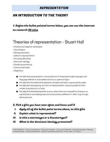 INTRO to Representation | MEDIA EXAM THEORY | Teaching Resources