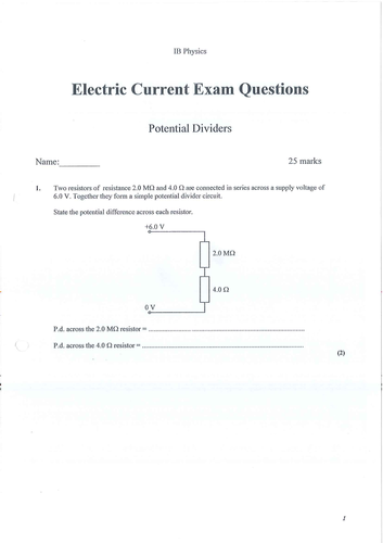 IB Topic 5 Electricity and Magnetism Lesson 7 Potential Dividers HL ...