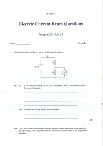 IB Topic 5 Electricity and Magnetism Lesson 7 Potential Dividers HL ...