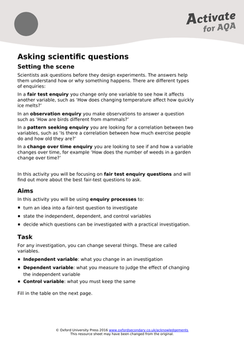 Scientific enquiry, asking scientific questions Activate 1 (new 2016 ...