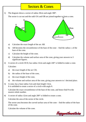 Sectors And Cones Worksheet - With Answers | Teaching Resources