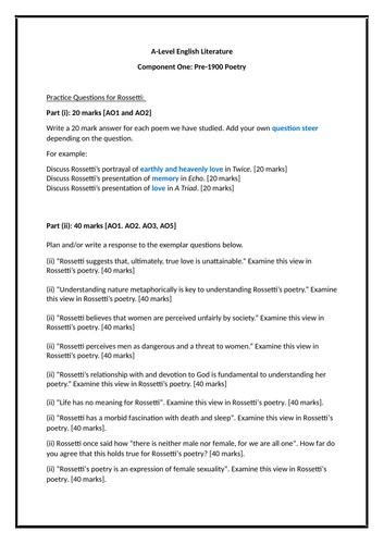 A Level English Literature Rossetti Poetry Exam Questions | Teaching ...