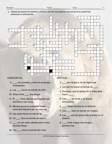 Animals Spanish Crossword Puzzle | Teaching Resources